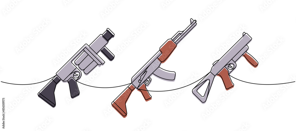 Various modern weapons one line colored continuous drawing. Grenade ...