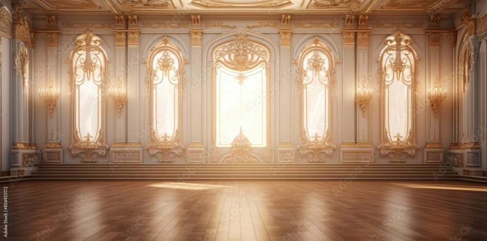 ballroom background with arched windows and shiny wood floor, featuring ...