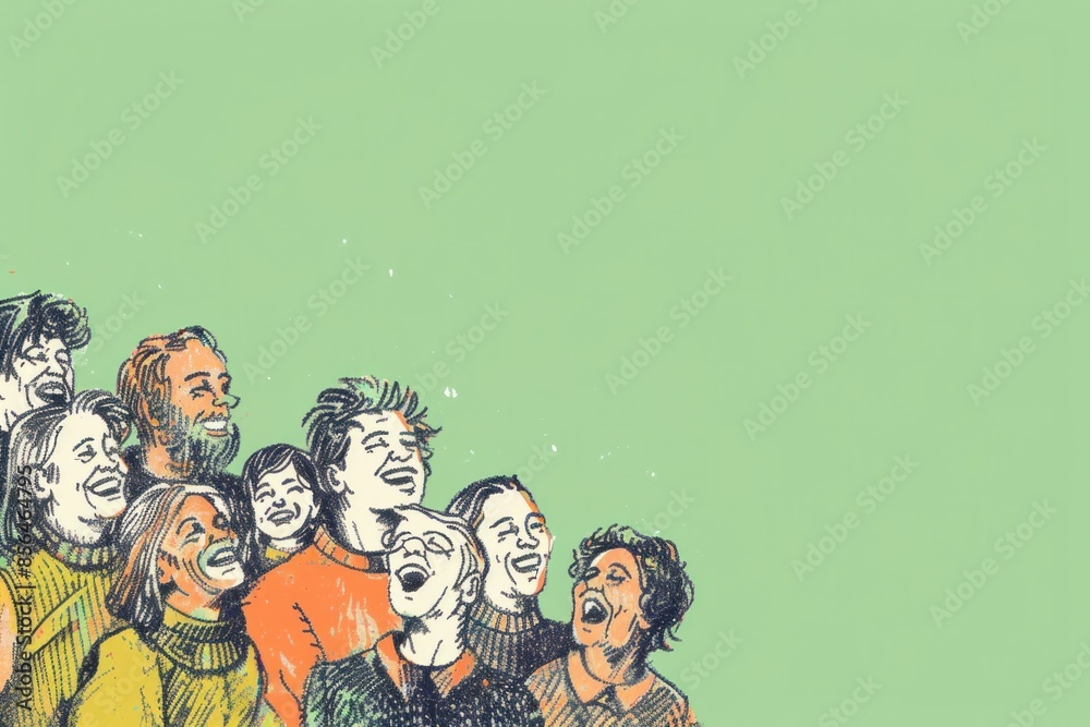 Happy group of people laughing and smiling in front of vibrant green ...