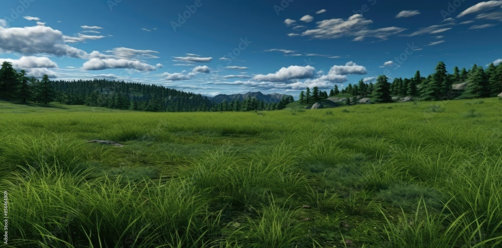 realistic zoom virtual background of a lush green field with tall trees ...