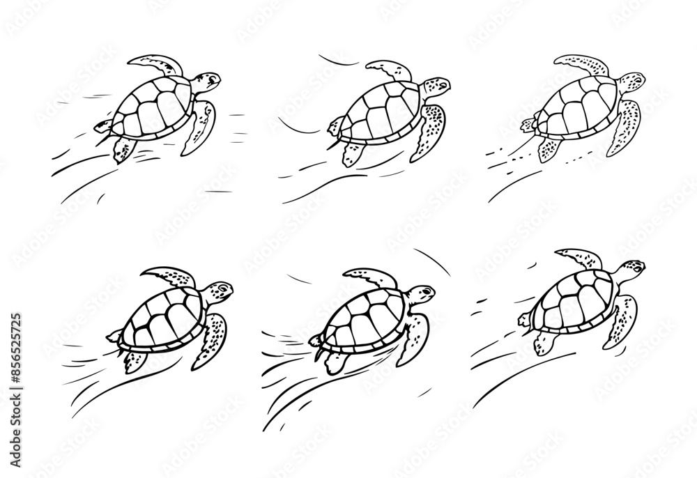 Vector isolated cute cartoon swimming sea turtle colorless black and ...
