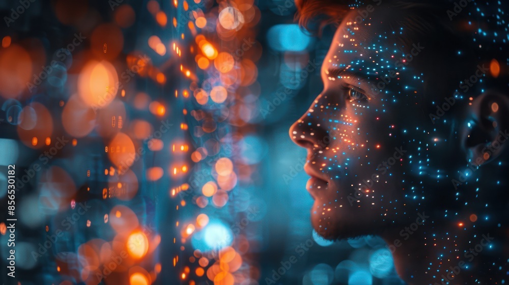 Future-Tech Man: Handsome Young Profile Against Hologram Background ...