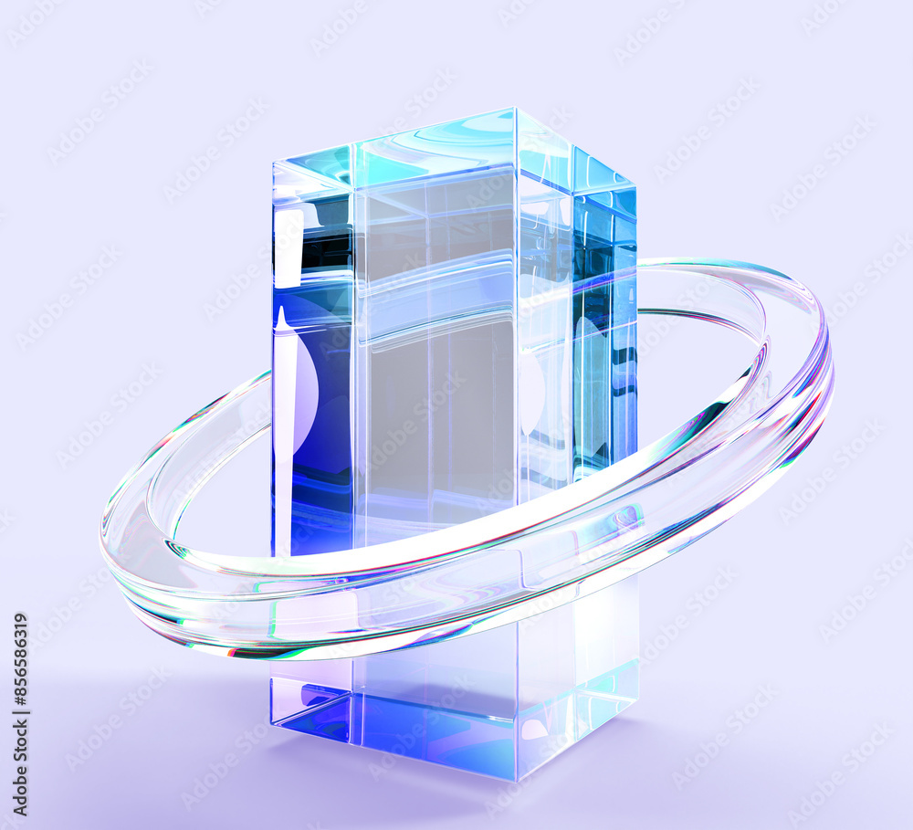 3d crystal light holographic block glass torus ring render. Abstract ...