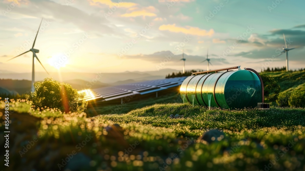 Renewable energy setup with a hydrogen gas tank, clean solar power ...