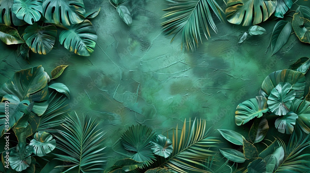 Tropical leaves in a 3D mural, set against a vibrant green background ...
