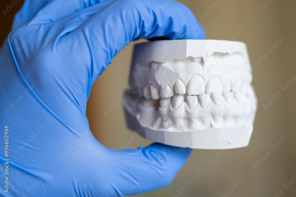 White plaster impression of the dental jaw of a patient with crooked ...