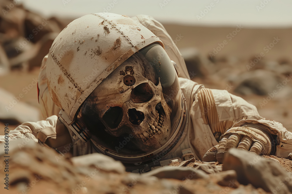 A close-up image of a deceased astronaut lying on the surface of Mars ...