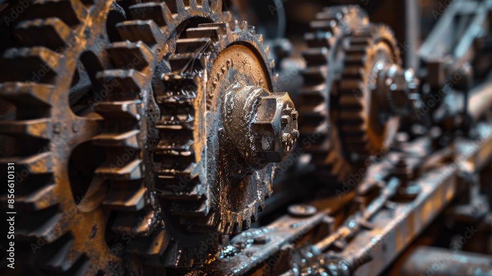 Greasy and worn engine gear wheels in an old factory, depicting wear ...