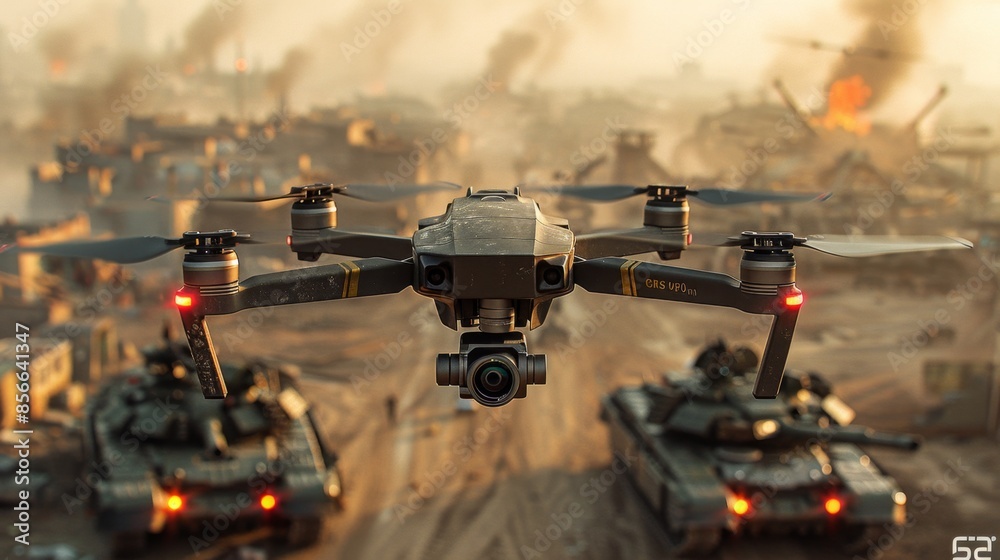 military tanks and flying combat drone advance during military conflict ...