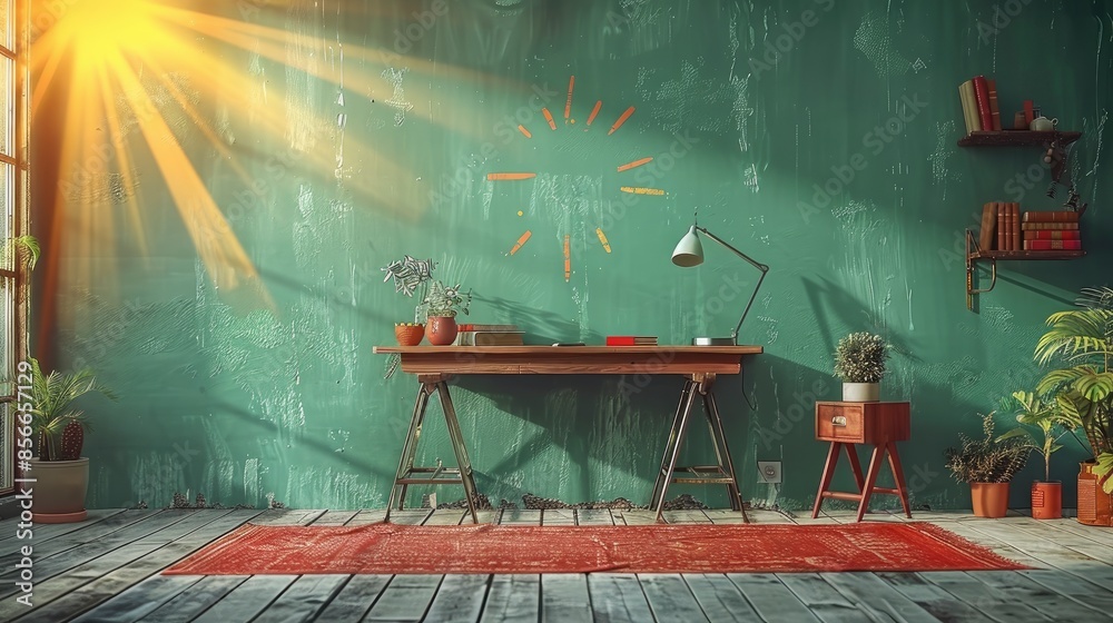 blue desk with school items on a yellow background, student workspace ...