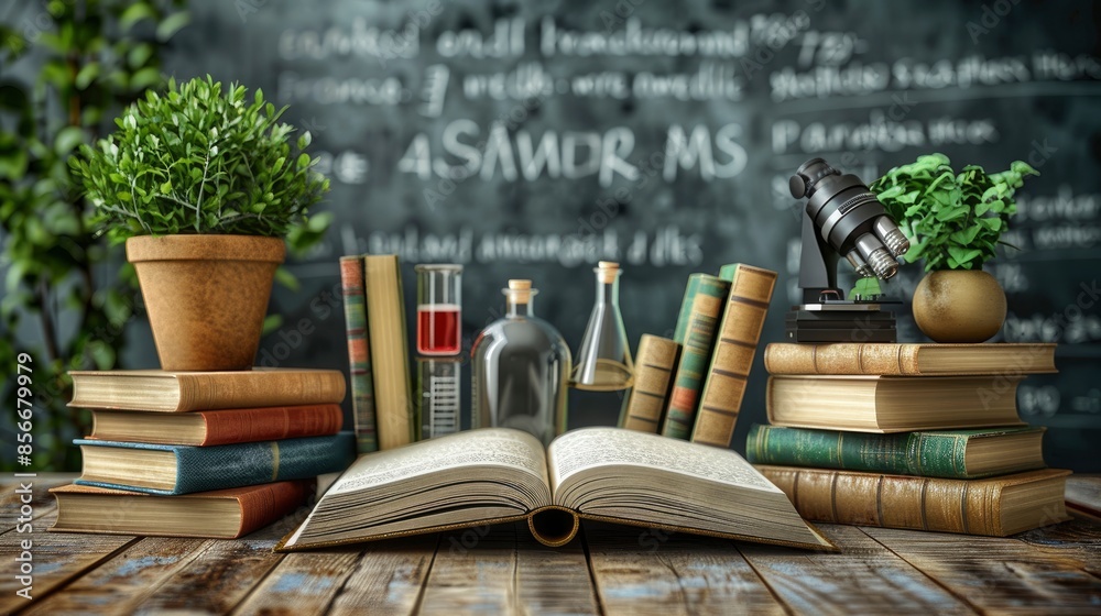 science lab background with beakers and test tubes, a microscope icon ...