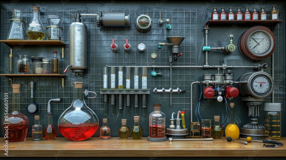 science lab background with beakers and test tubes, a microscope icon ...