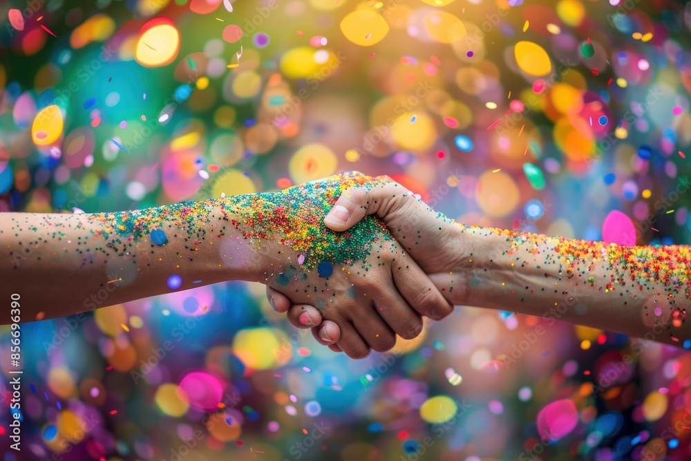 Two hands shaking in the air with colorful confetti falling around them ...
