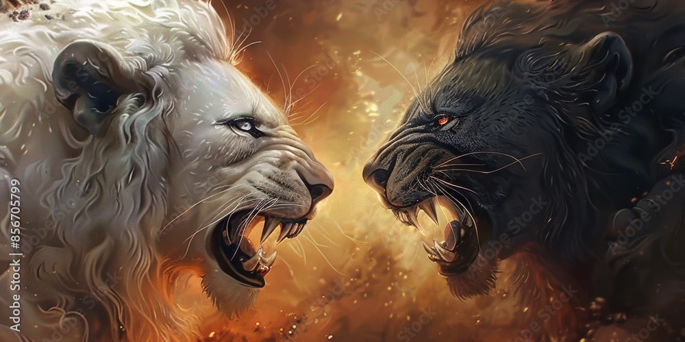 Conceptual Art Depicting Duality: Two Fierce Lions Facing Each Other ...