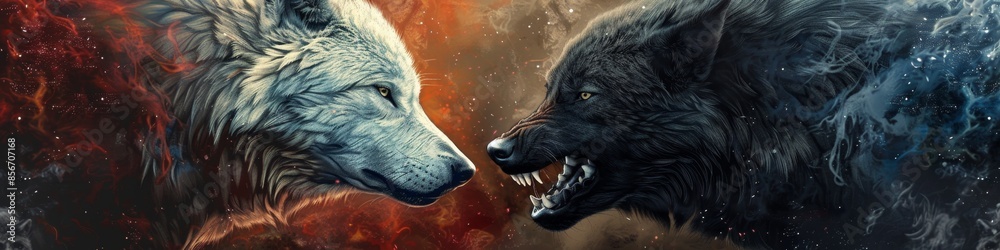 Conceptual Art Depicting Duality: Two Fierce Wolves Facing Each Other ...