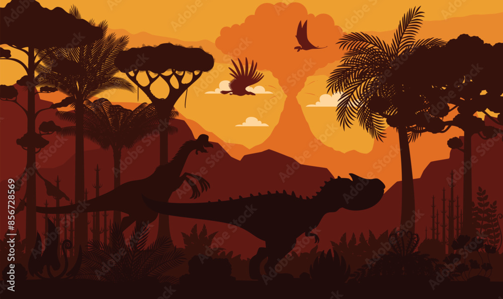 Prehistoric dinosaur silhouettes on sunset landscape. Breathtaking ...