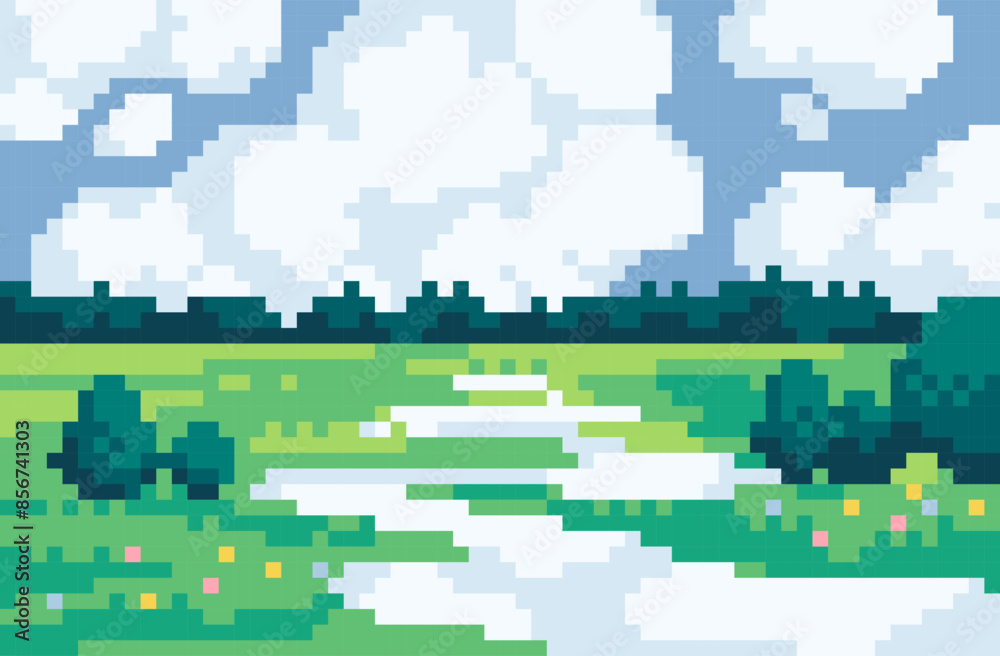 Nature landscape pixel art background. Beautiful sunny view with trees ...