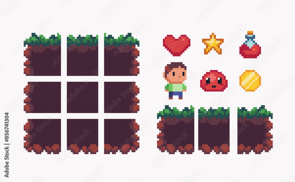 Vector de Stock Grass land platform pixel art set. Dirt floor and ...