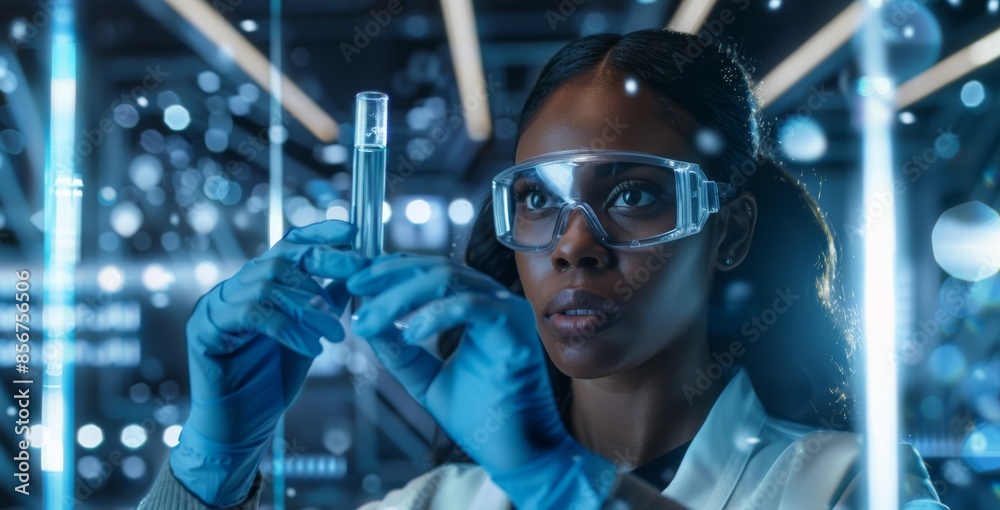 Black woman in lab, future technology, biotech research. African ...