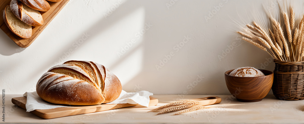 Bread bakery background top food view fresh white wheat loaf ...