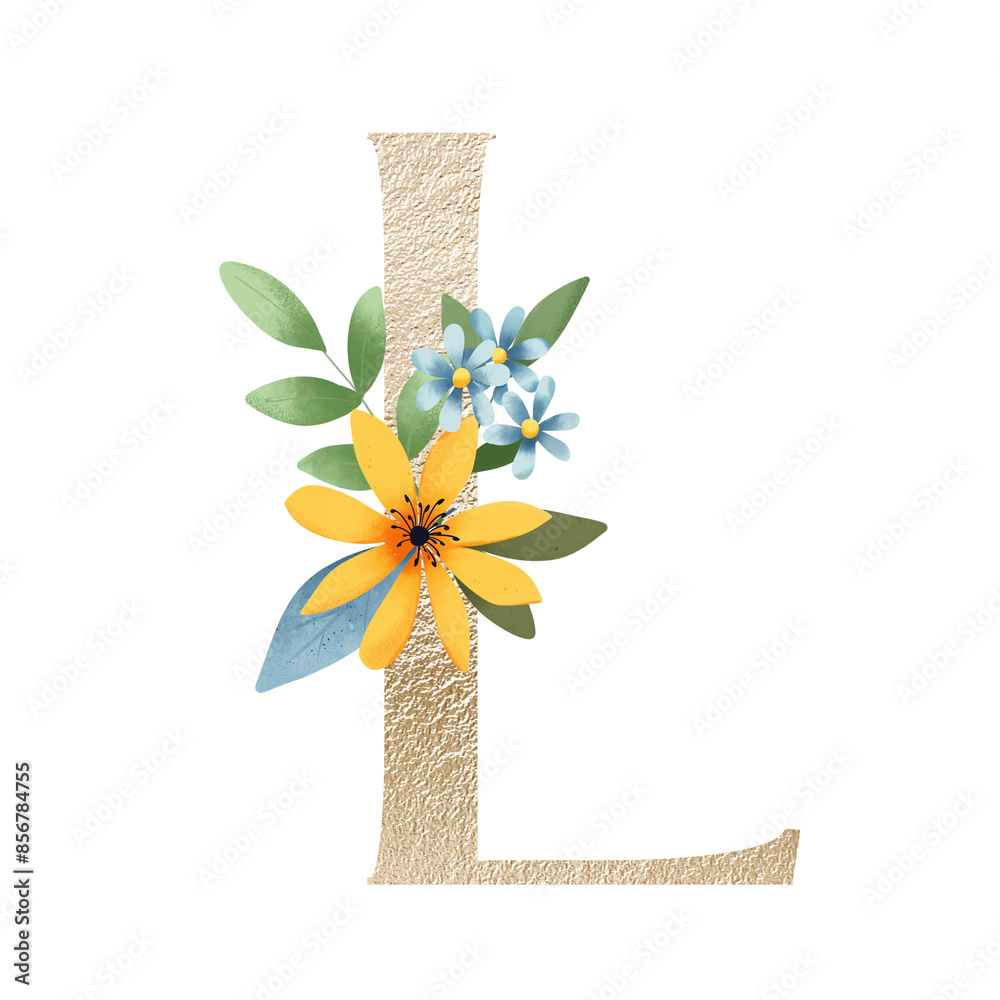 Letter L, gold floral monogram with watercolor flowers and leaf. Golden ...