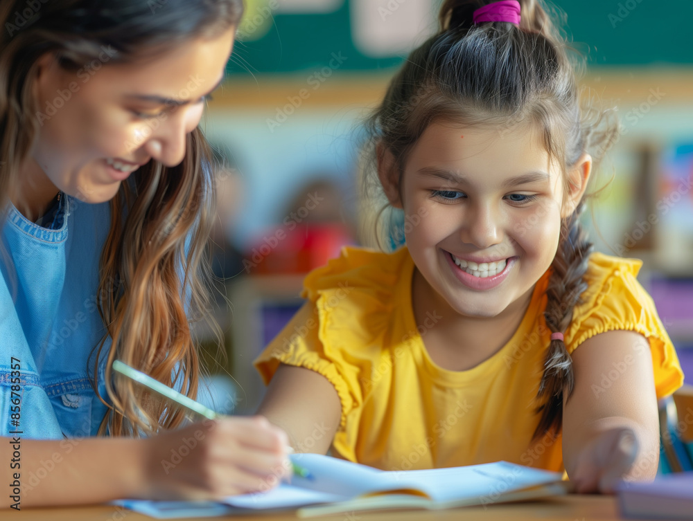 Joyful Autistic Girl Learning with Teacher in Classroom - Inclusive ...