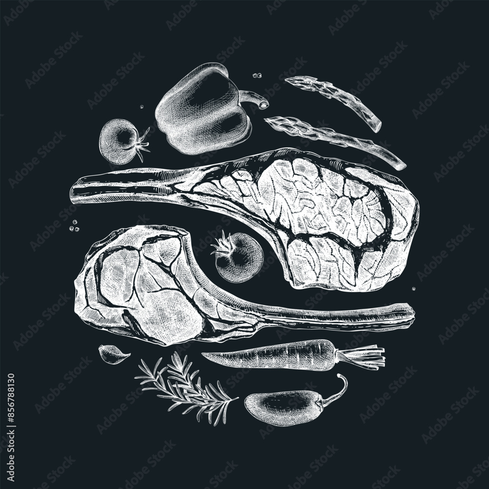 Healthy food vector illustration on chalkboard. Meat and vegetables ...