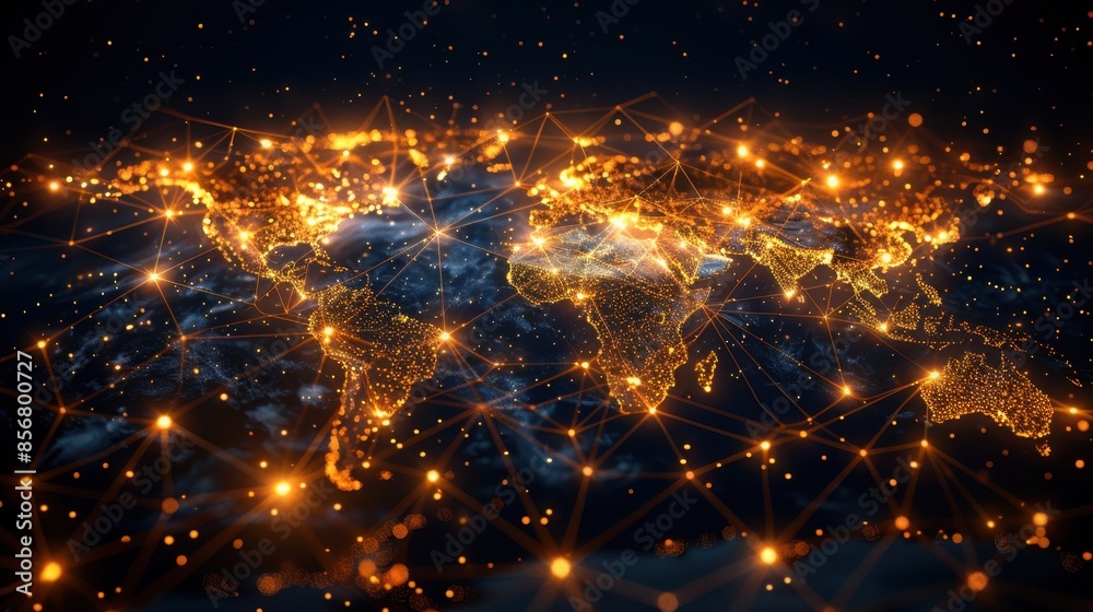 With a contemporary digital design, a world map shines brightly with ...