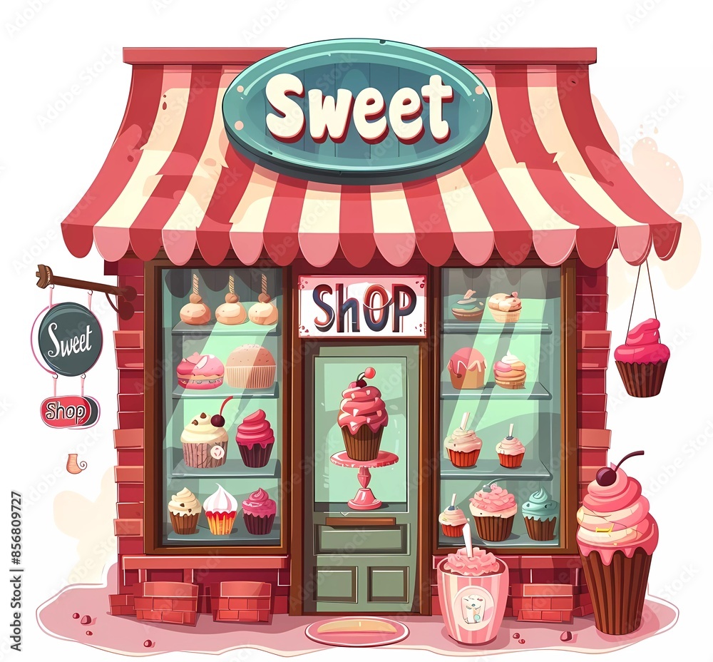 Simple flat vector front view illustration of a sweet shop facade with ...