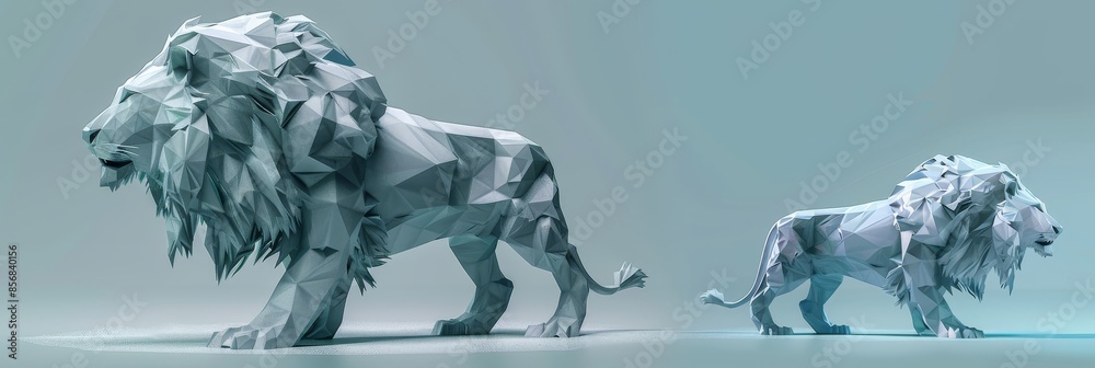 Low Poly Lion Duo - Geometric Animal Render - Two lions rendered in a ...