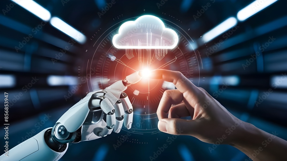 Cloud Computing: Human hand touching robotic hand with glowing "Cloud ...