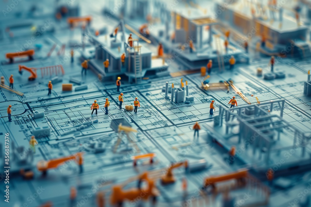 Miniature construction site with bright orange machinery. Detailed tiny ...