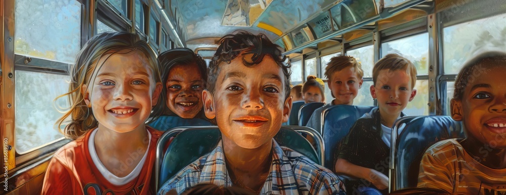 Frontal view, mixed race pupils, smiling directly at the camera, inside ...