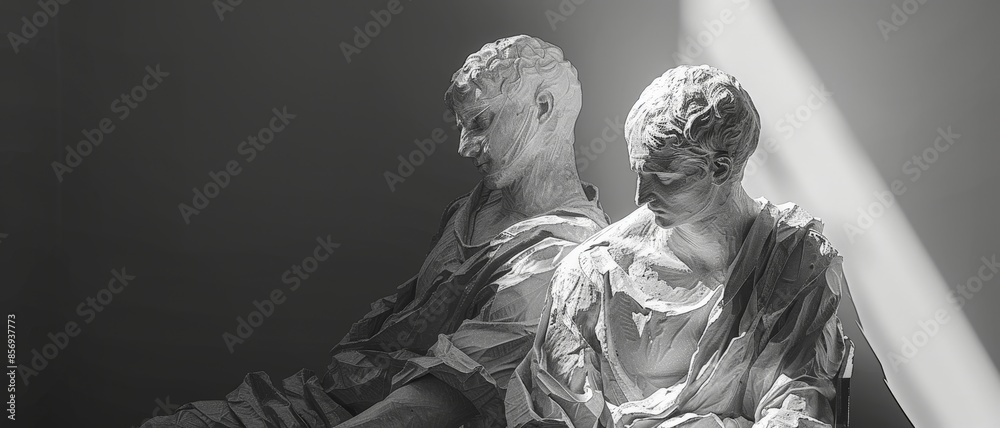 Monochrome photo of two classical marble statues next to each other ...