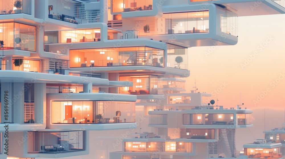 Futuristic cityscape with illuminated floating modular structures ...