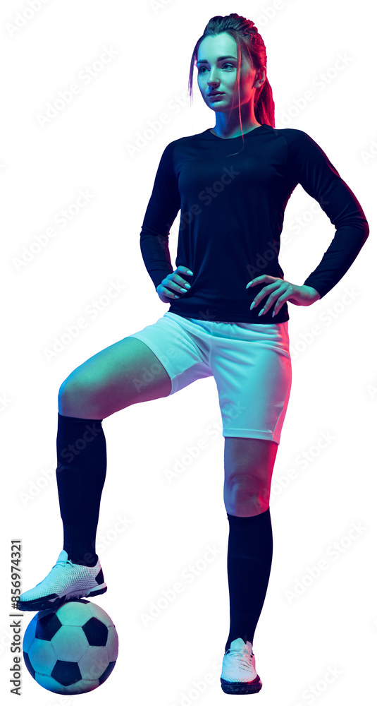 Full-length portrait of young girl, soccer player in uniform posing ...