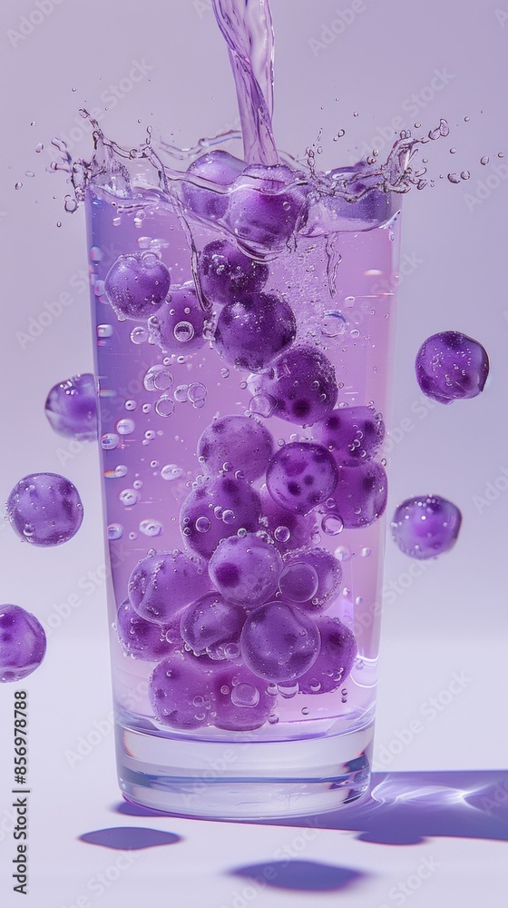 Realistic levitation photography of taro bubble tea in a clear glass ...