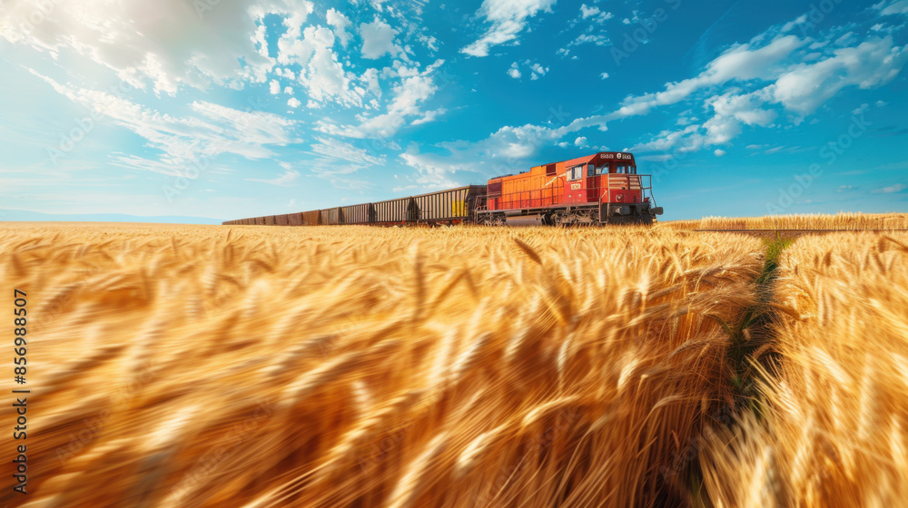 Freight train moves through a vast golden wheat field under a bright ...