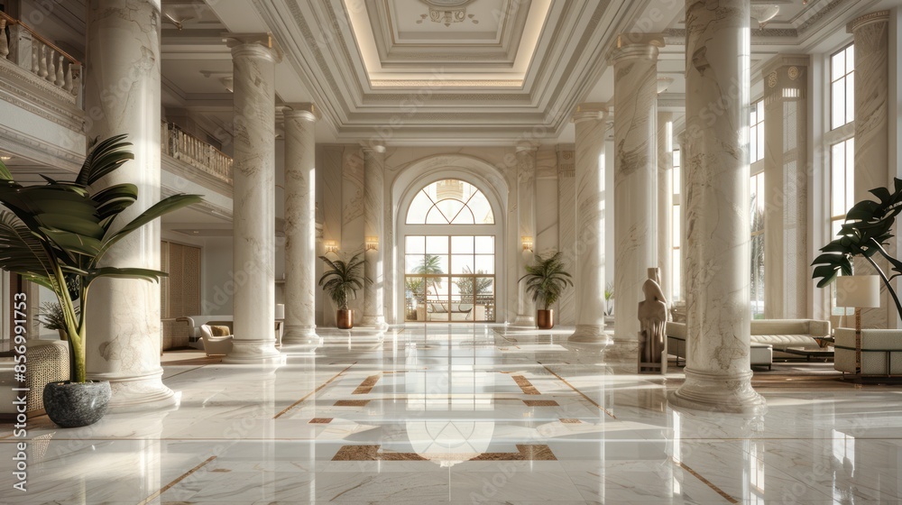 Foto de Stock Luxurious Hotel Lobby with Classic Columns and White ...