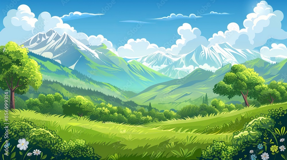 Cartoon vector panoramic scenery with grassland near hills, blue sky ...