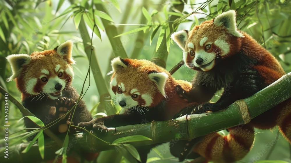 Imagine a family of adorable red pandas playing in a bamboo forest ...