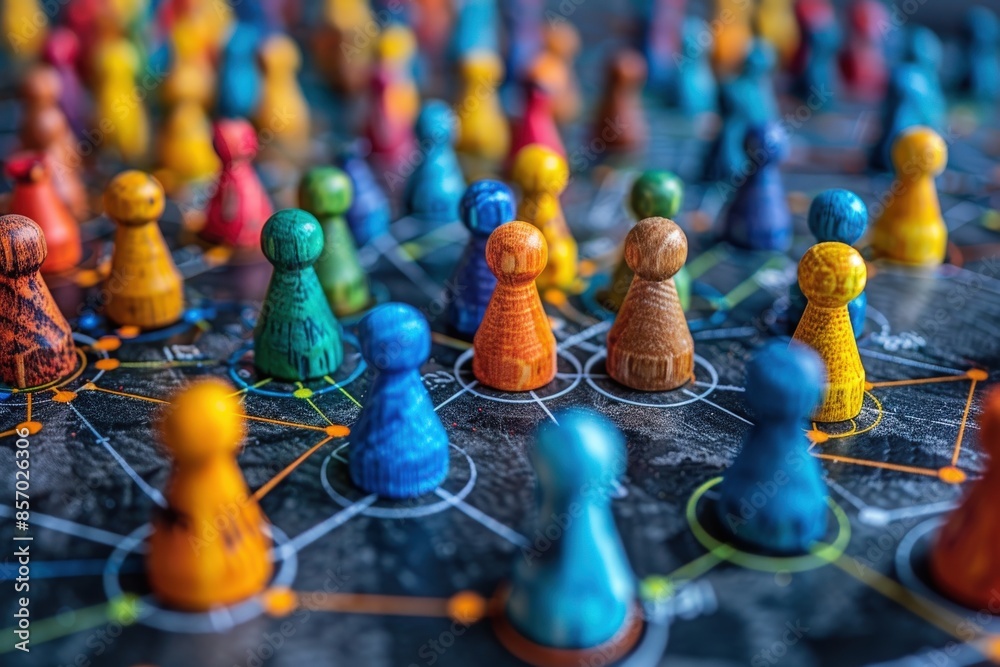 An array of multi-colored game pieces positioned on a network-patterned ...