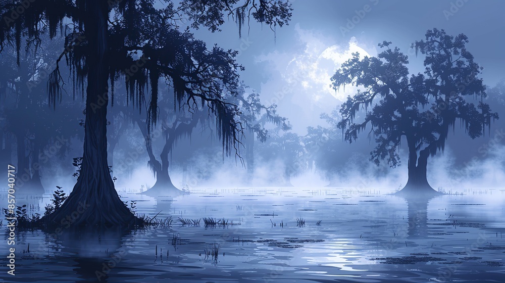 Mysterious swamps shrouded in mist, twisted cypress trees rising from ...