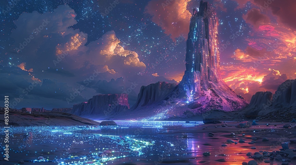 A towering spire of iridescent rock rises from a vibrant sea of ...