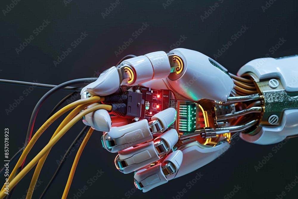 Robot hand connecting data cables side view facilitating data transfer ...