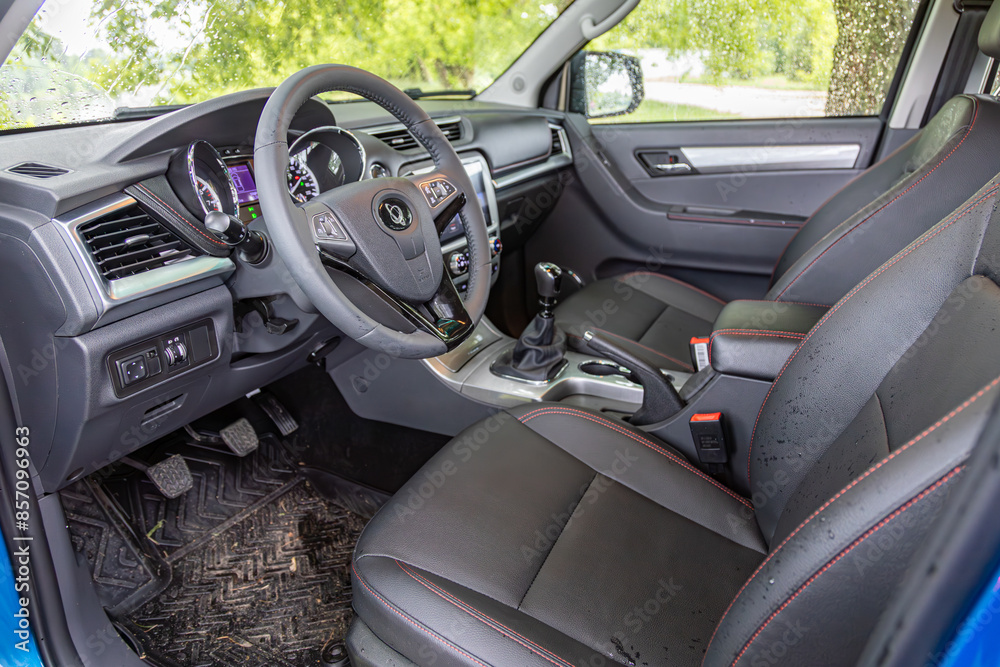 Moscow, Russia - June 2024: Blue pickup truck in the forest. sollers ...