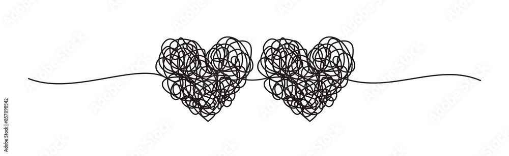 Banner with two tangled scribble hearts hand drawn with thin line ...