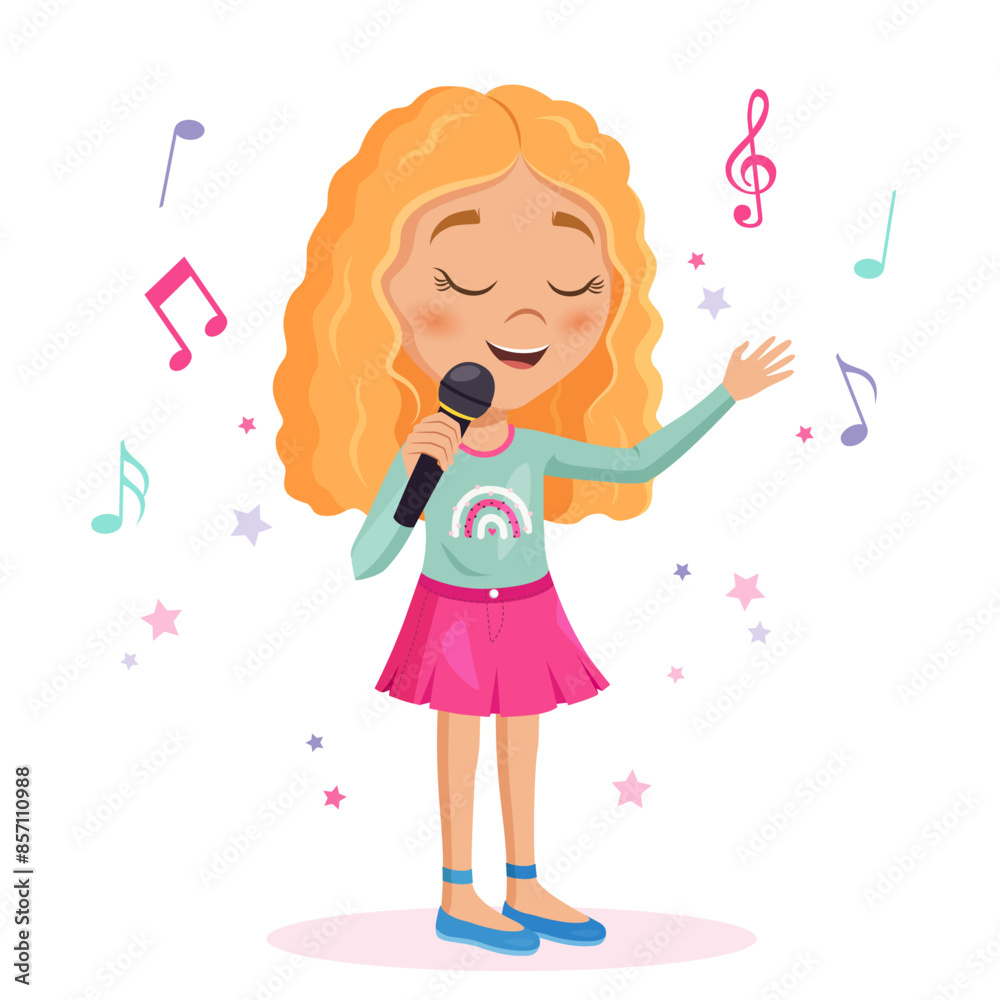 Cute cartoon curly girl character singing with a microphone on stage ...