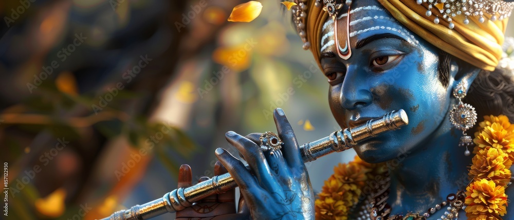 Lord Shree Krishna in a standing pose, with one hand holding a flute ...