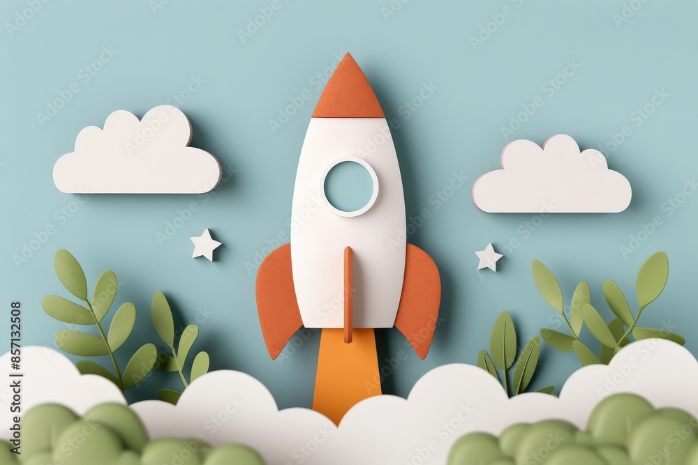 Paper craft rocket ship launching into the sky with clouds and stars ...